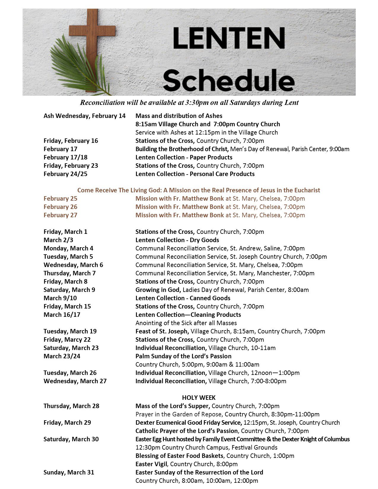 Lent and Easter Schedule – St. Joseph Catholic Parish